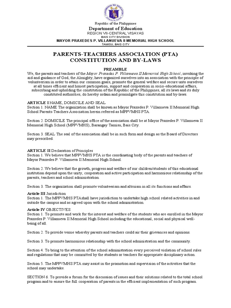 Parents-Teachers Association (Pta) Constitution and By-Laws: Department ...