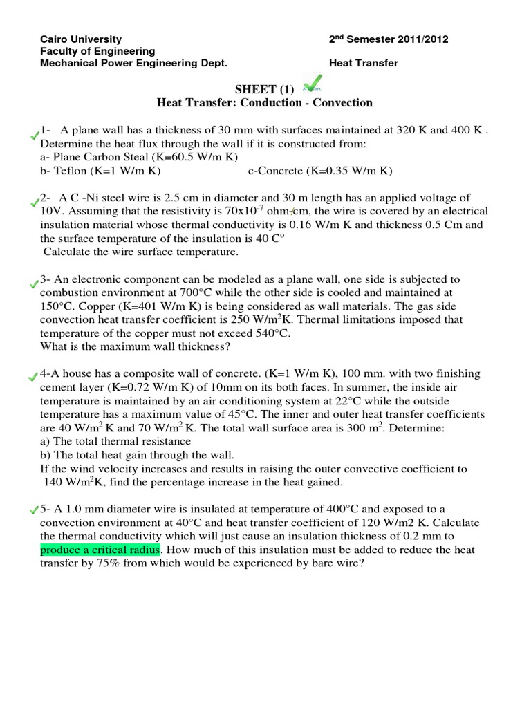 Sheets of Heat Transfer Course | PDF | Heat Transfer | Thermal Insulation