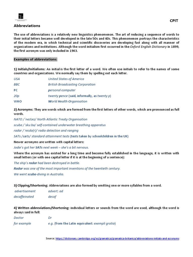 ABBREVIATIONS, INITIALS AND ACRONYMS - For Students | PDF | Acronym ...