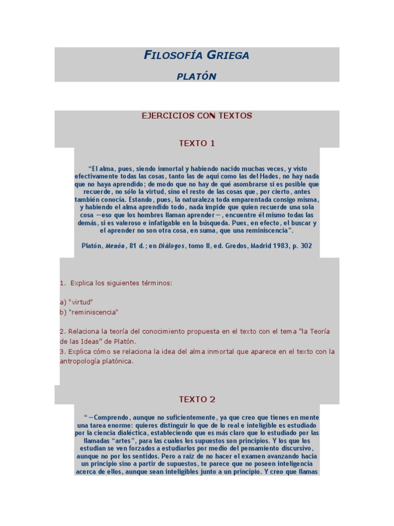 Platon Ejercicios Con Textos | PDF | Platón | Alma