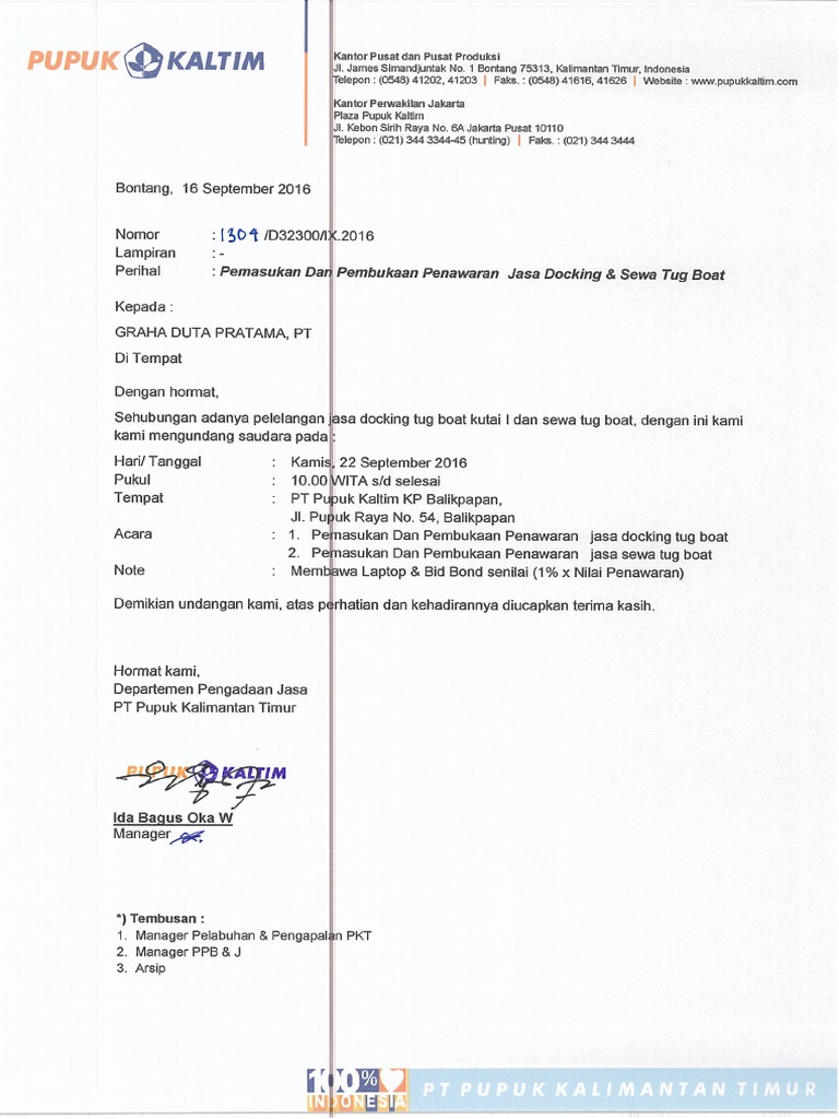 Surat Pemasukan Penawaran Docking Dan Sewa Tug Boat | PDF