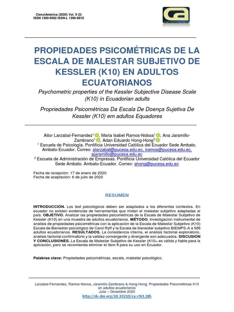 Propiedades Psicométricas de La Escala de Malestar Subjetivo de Kessler ...