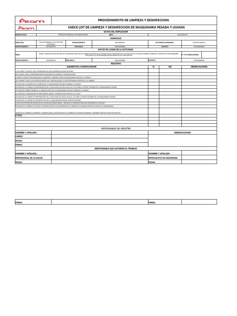 Check List Limpieza y Desinfeccion | PDF | Agua | Médico de atención ...