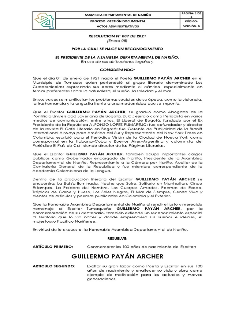 Homenaje a Guillermo Payán Archer | PDF | Colombia