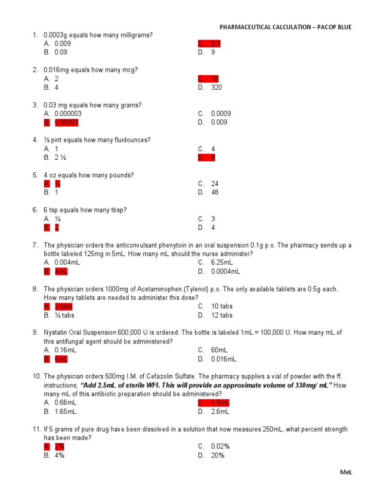 Pharmaceutical Calculation - Pacop Blue | PDF | Mass Concentration ...