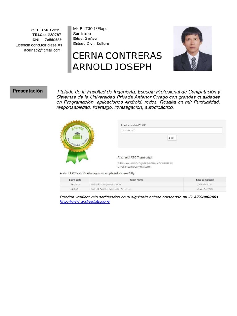Arnold Joseph Cerna Contreras-Cv | PDF | Software de la aplicacion | Android (sistema operativo)