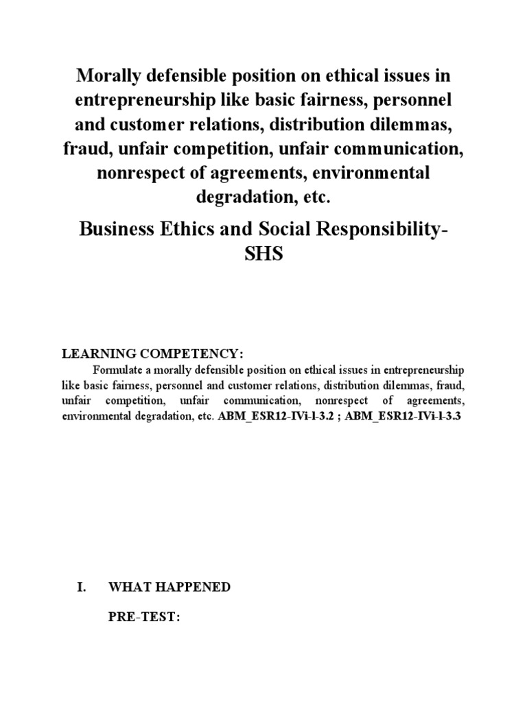 Morally Defensible Position On Ethical Issues in Entrepreneurship Like ...