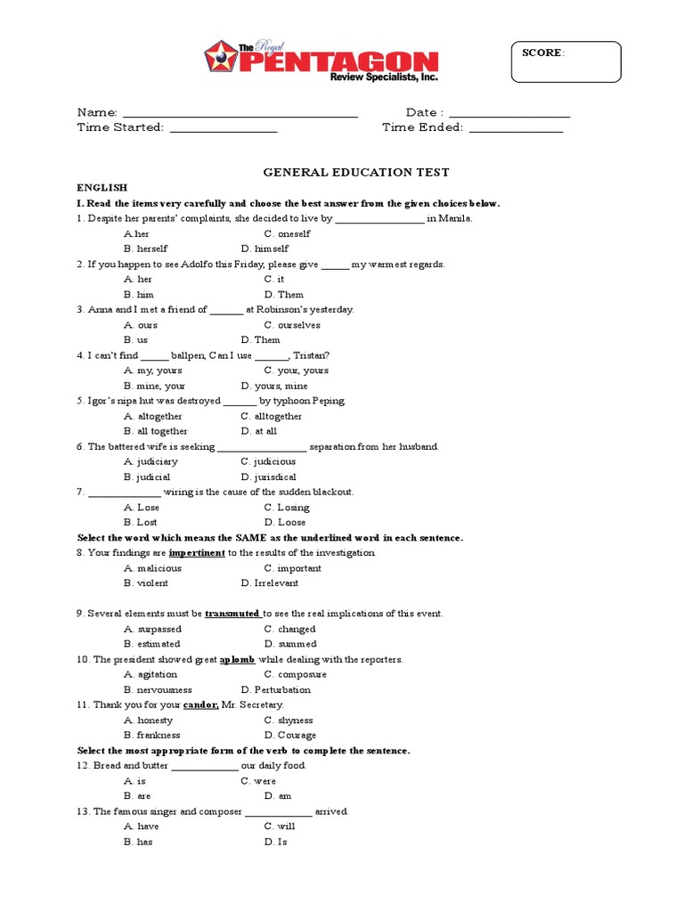 General Education Test: English & Filipino | PDF | Atoms | Comet