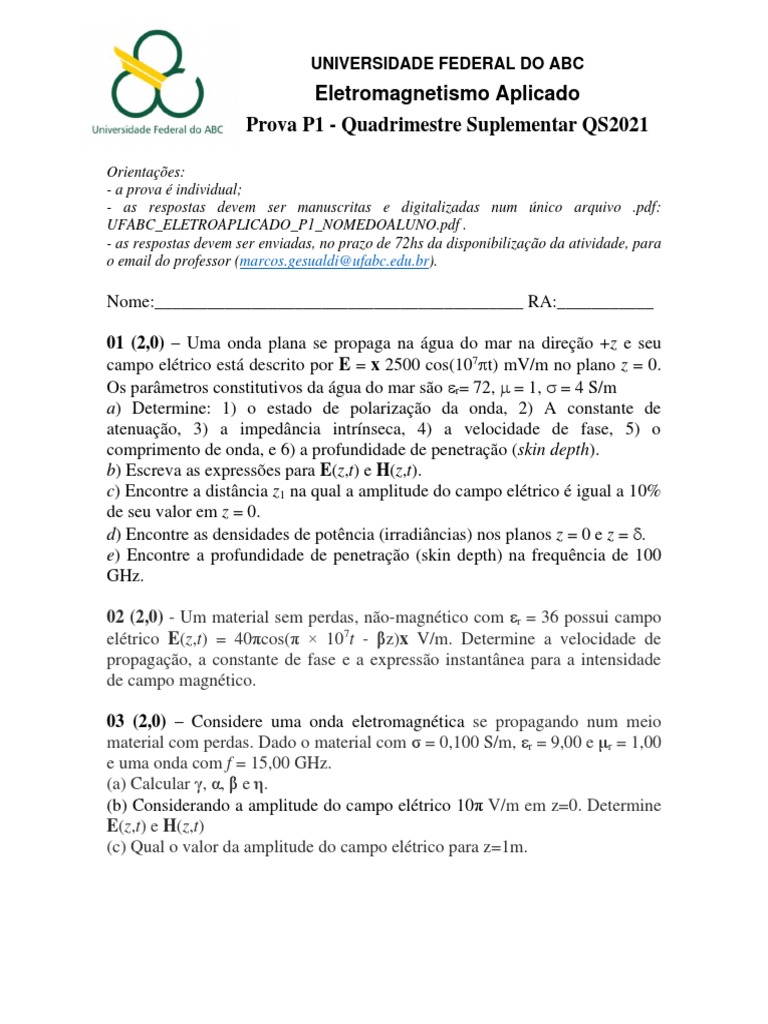 Ufabc Eletroaplicado Prova p01 Qs2021n | PDF | Ondas | Campo elétrico