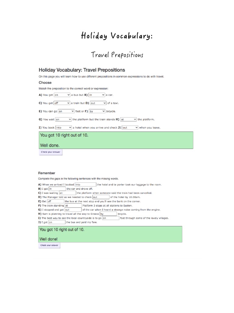 Holiday Vocabulary - Travel Prepositions | PDF