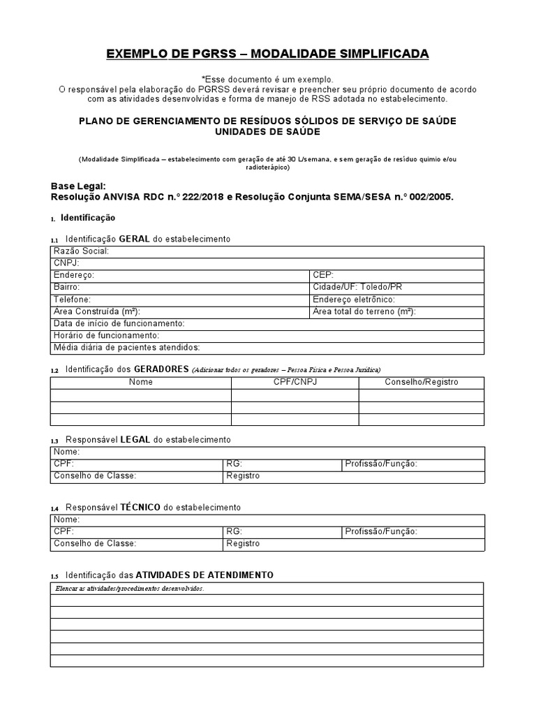 Exemplo de PGRSS Simplificado | PDF | Desperdício | Bem-estar