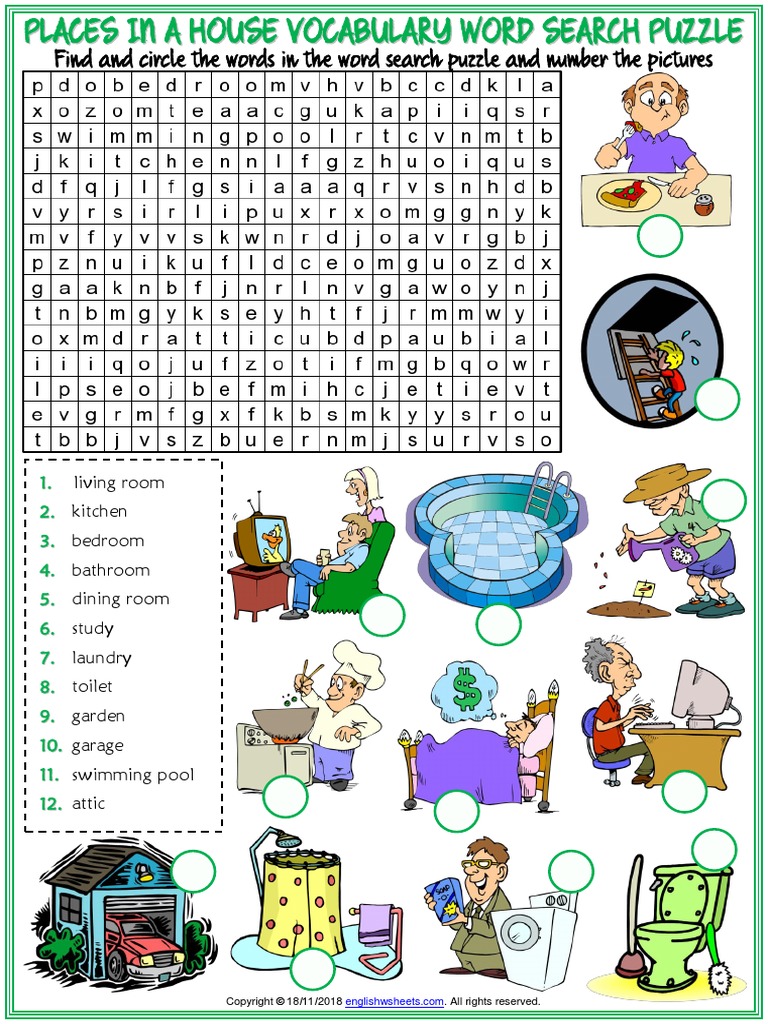 Places in A House Vocabulary Esl Word Search Puzzle Worksheet For Kids ...