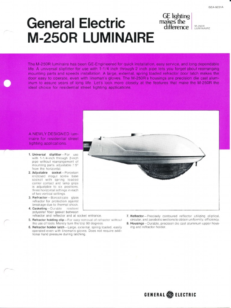 GE Lighting Systems M-250R Series Roadway Cobrahead Spec Sheet 12-74 ...