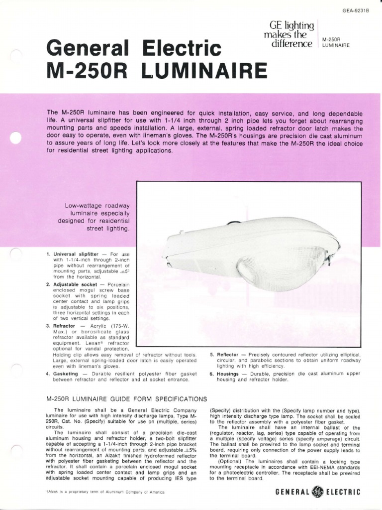 GE Lighting Systems M-250R Series Roadway Cobrahead Spec Sheet 12-76 ...