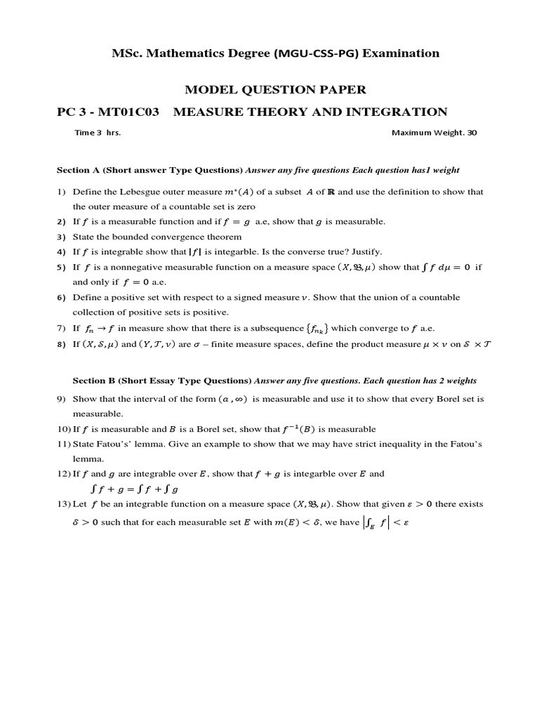 Msc. Mathematics Degree (Mgu-Css-Pg) Examination: Section A (Short ...