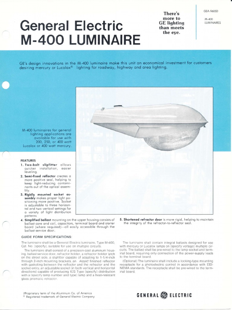 GE M400 Luminaire Specifications | PDF | Lighting | Light