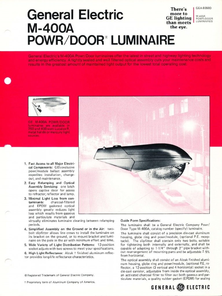 GE Lighting Systems M-400A Powr-Door Series Roadway Cobrahead Spec ...