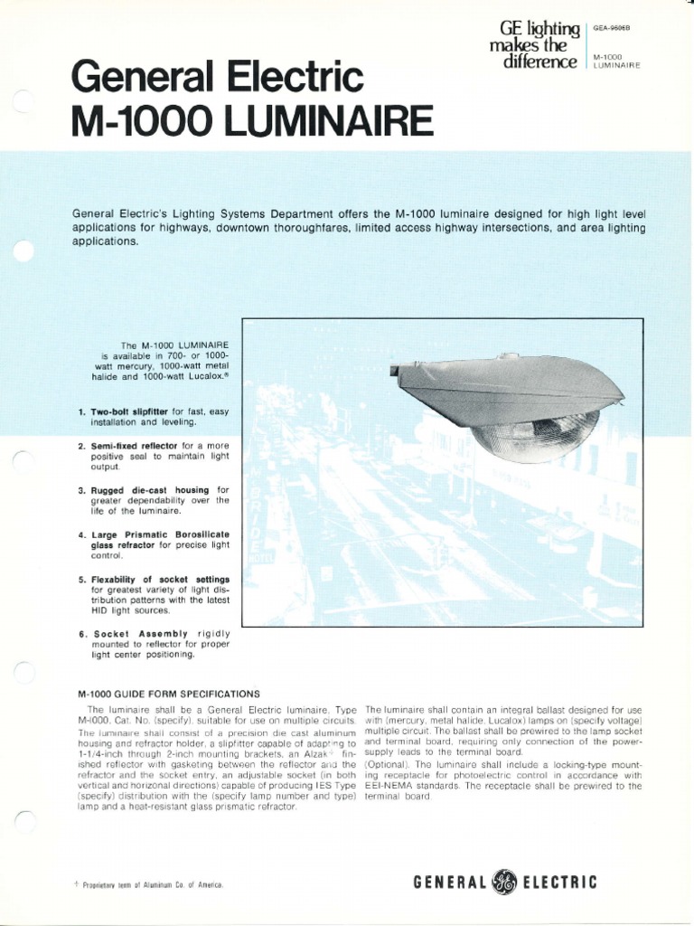 GE Lighting Systems M-1000 Series Roadway Cobrahead Spec Sheet 11-76 ...