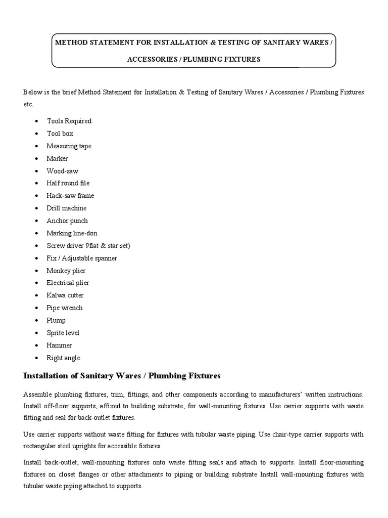 Method Statement For Installation & Testing of Sanitary Wares or ...