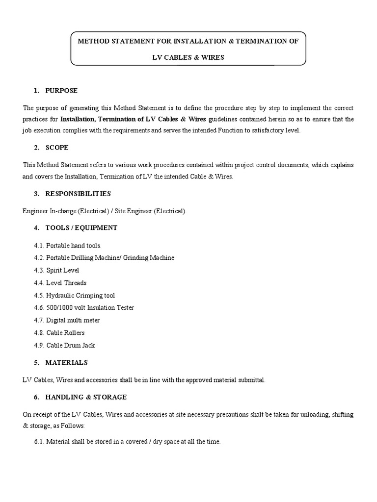 Method Statement For Installation & Termination of LV Cables & Wires | PDF | Electrical Wiring ...