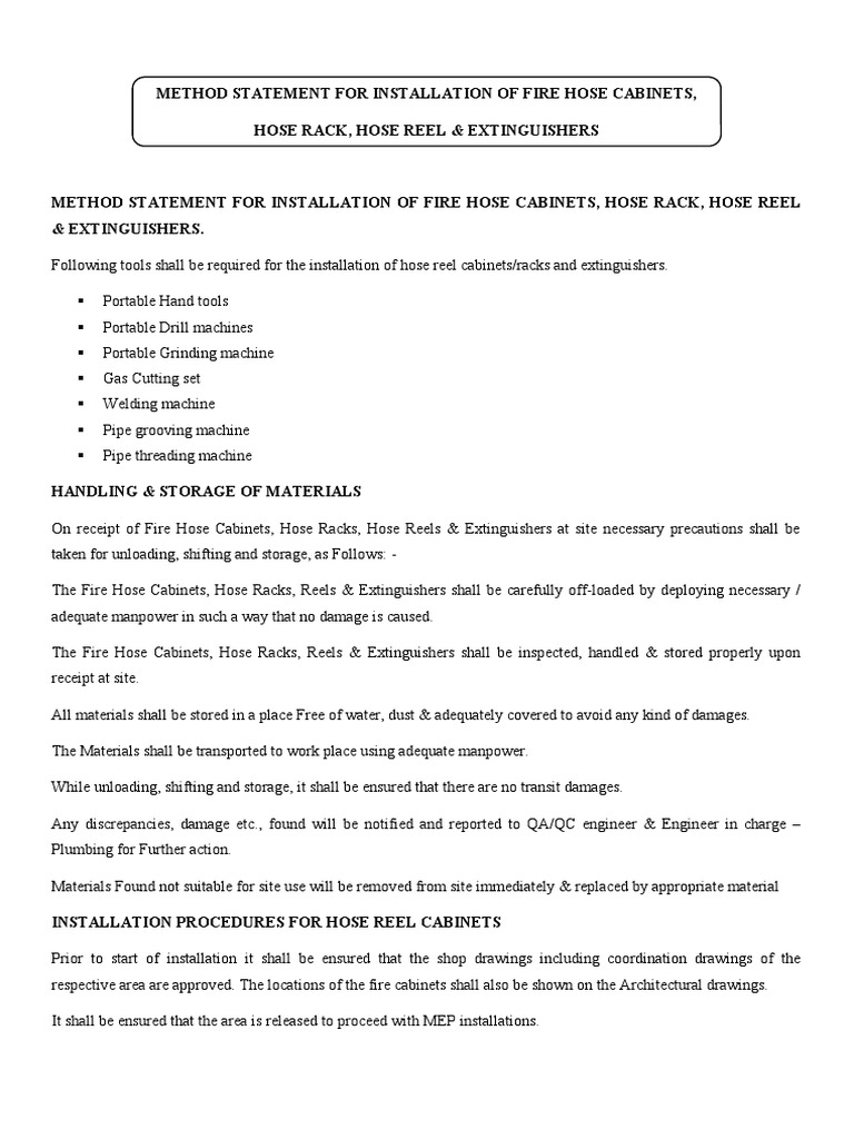 Method Statement For Installation of Fire Hose Cabinets, Hose Rack ...
