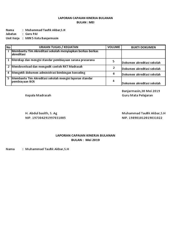Contoh Blanko - Lap - Capaian - Kinerja (1) Bulanan | PDF