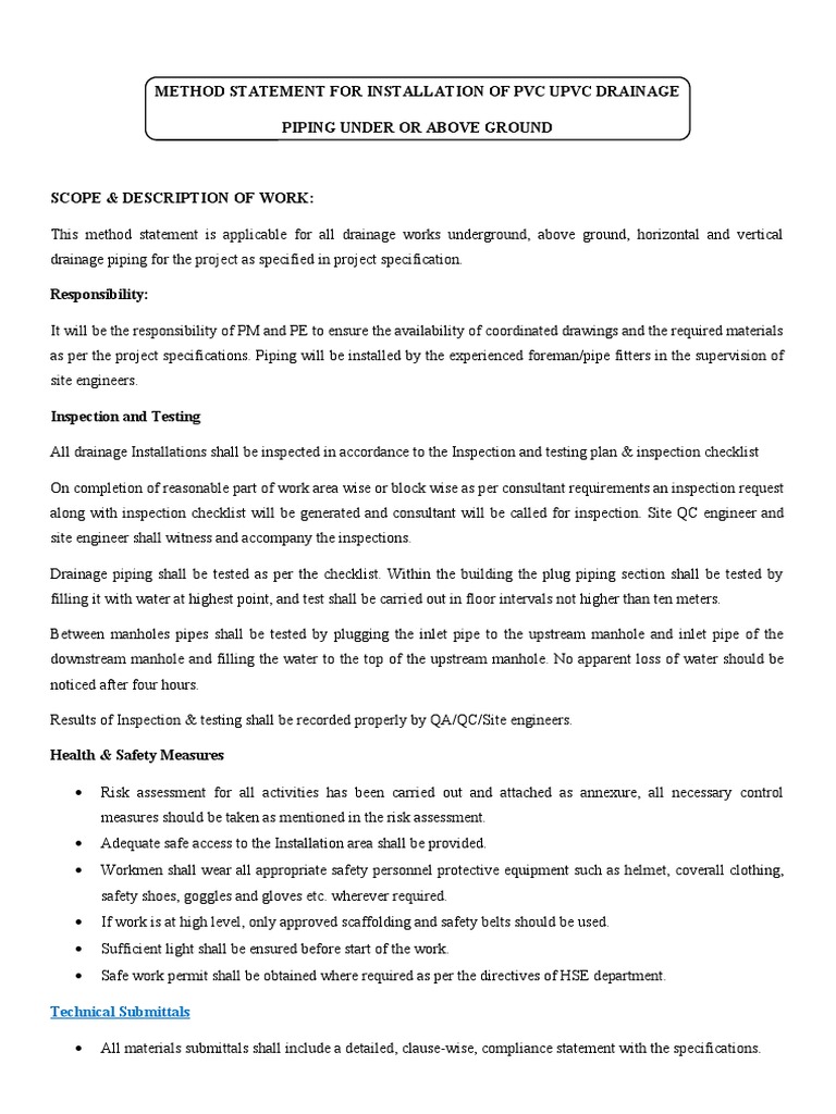 Method Statement For Installation of PVC uPVC Drainage Piping Under or ...