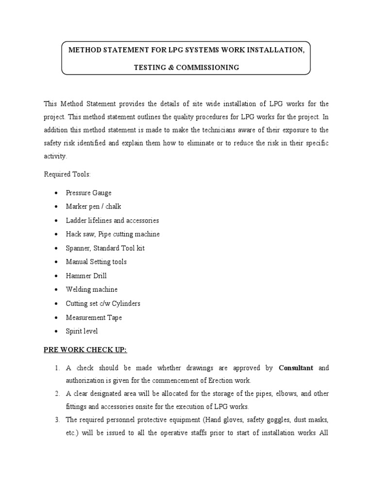 Method Statement For LPG Systems Work Installation, Testing ...