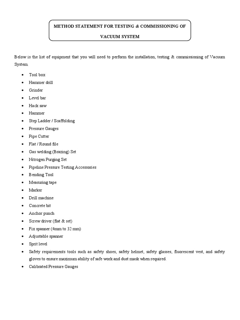 Method Statement For Testing & Commissioning of Vacuum System | PDF ...