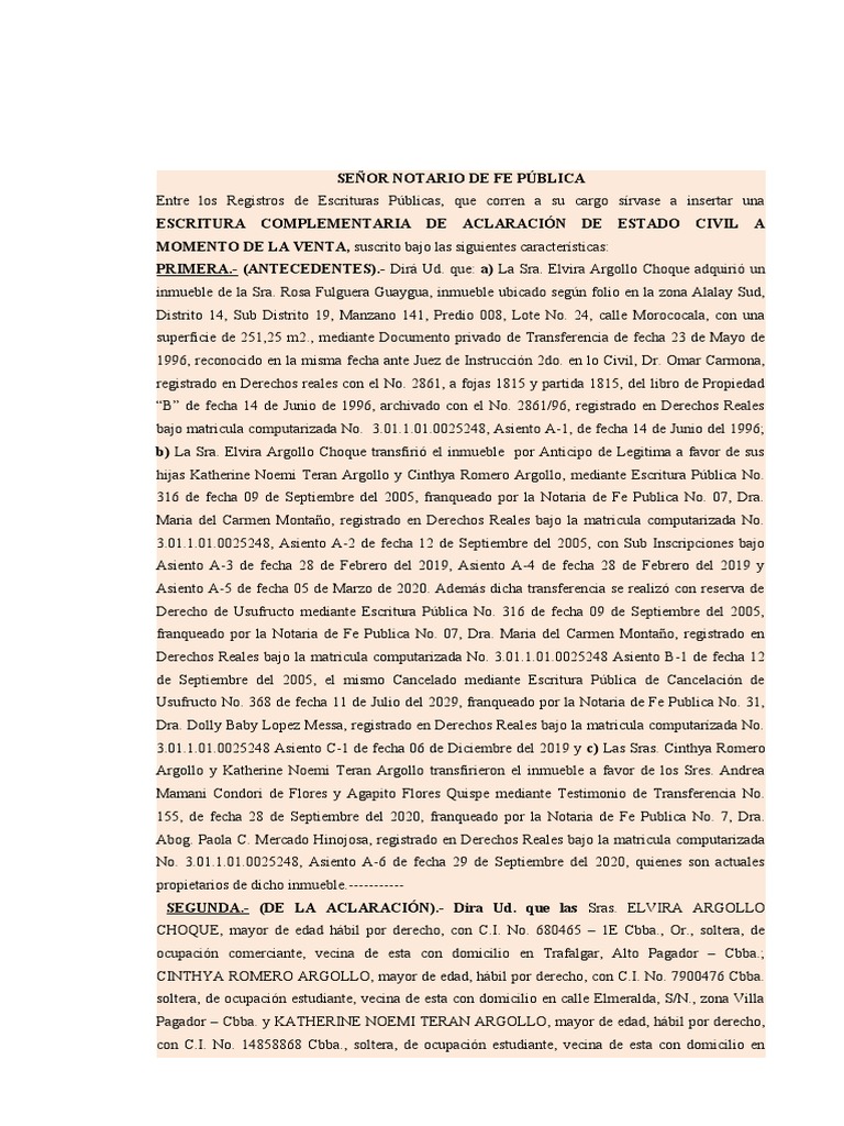 Escritura Complementaria de Estado Civil A Momento de Venta Argollo - Flores 2021 | PDF ...
