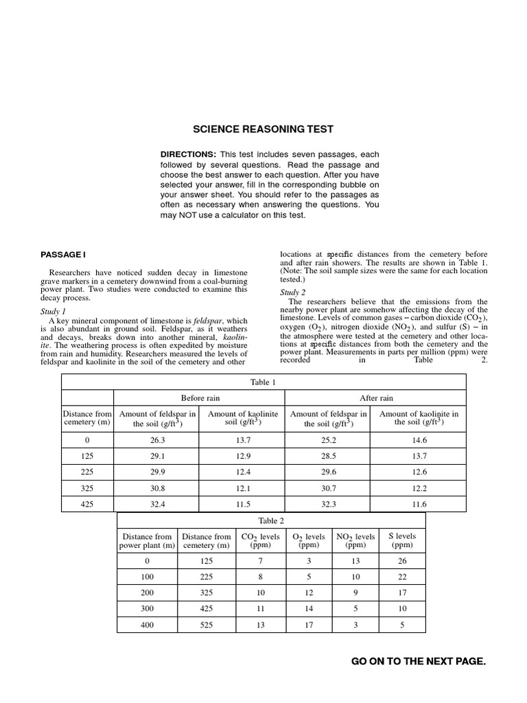 Science Reasoning Test: DIRECTIONS: This Test Includes Seven Passages ...