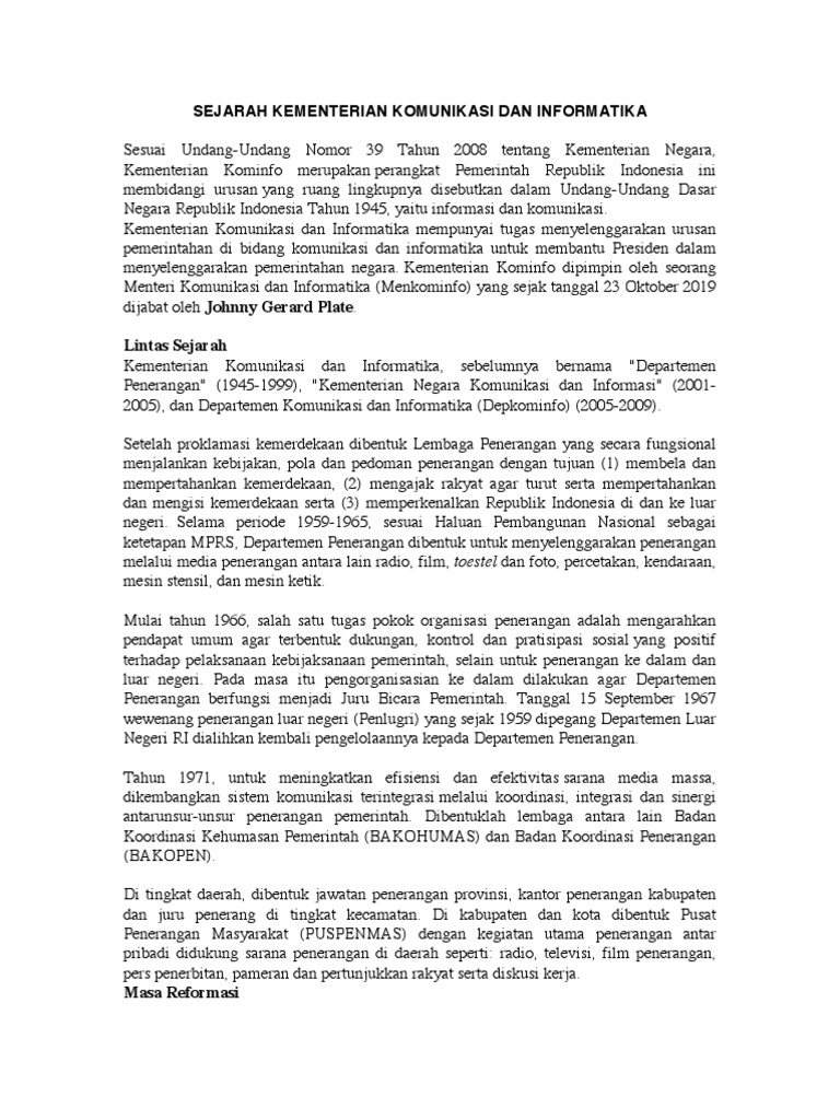 Sejarah Kementerian Kominfo | PDF