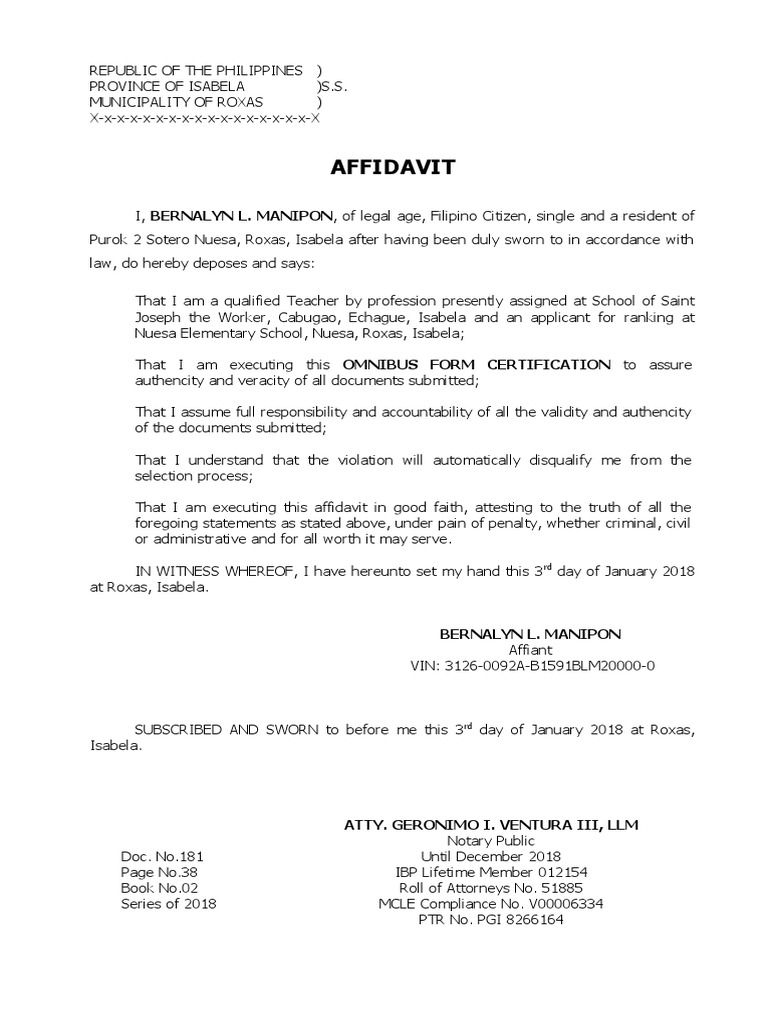 Affidavit: Bernalyn L. Manipon | PDF