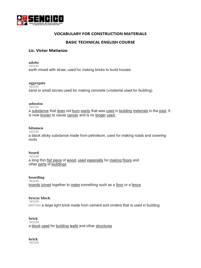 Vocabulary For Construction Materials | PDF | Building Materials | Roof