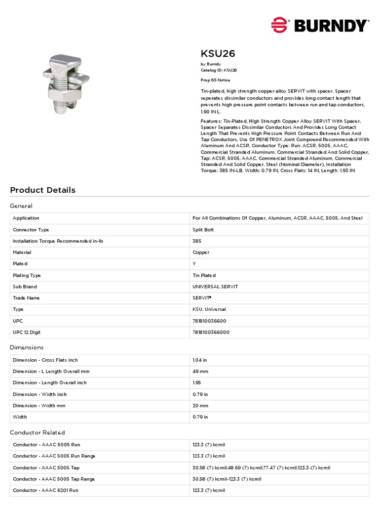 CONECTOR BURNDY - KSU26 - Specsheet | PDF | Electrical Conductor ...