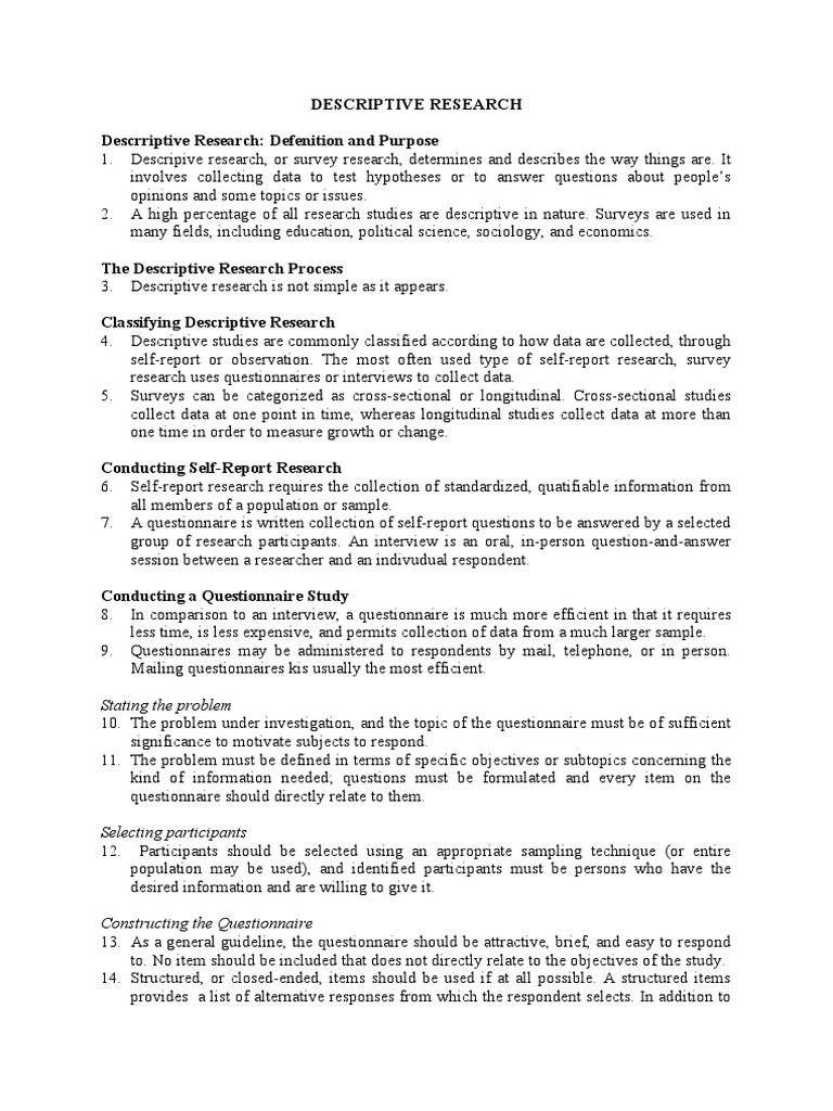 DESCRIPTIVE RESEARCH: DEFINITION AND PURPOSE | PDF | Self Report Study ...