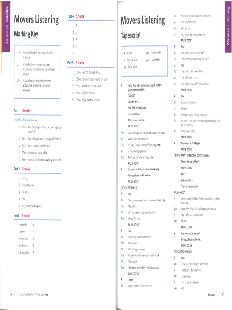 Cambridge Movers Sample Paper V1 (2018) Answer Key | PDF