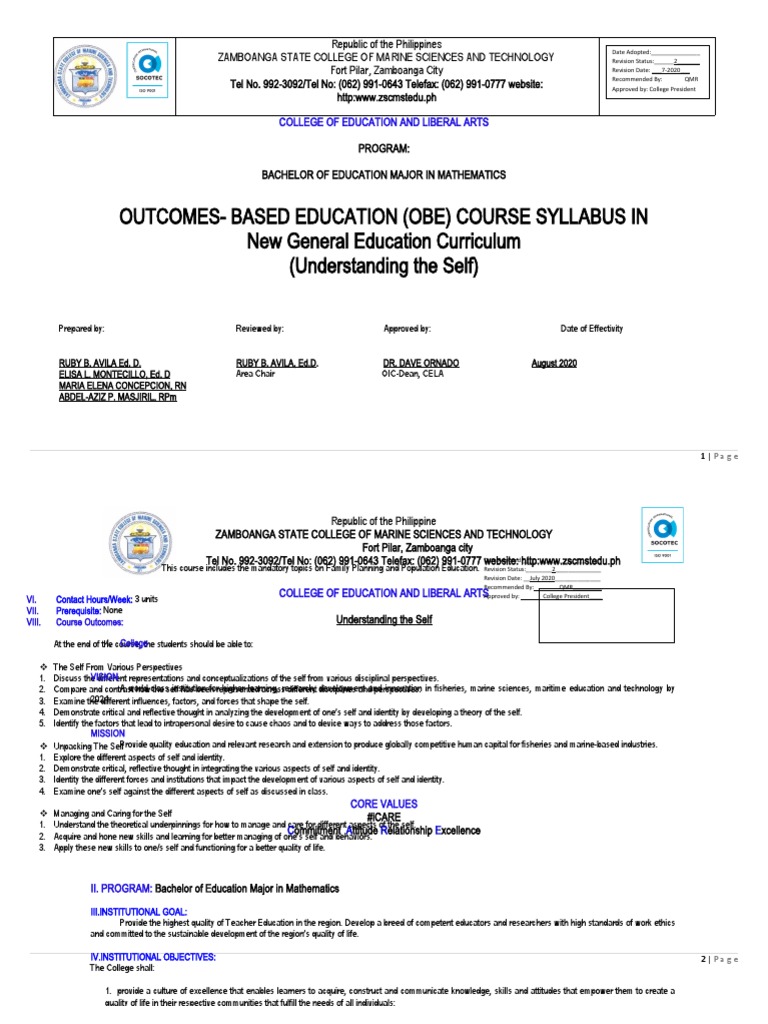 Outcomes-Based Education Course Syllabus for Understanding the Self in ...