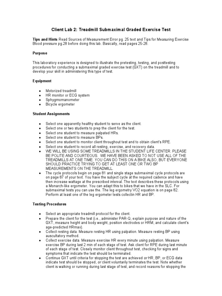 Client Lab 2: Treadmill Submaximal Graded Exercise Test | PDF | Blood ...