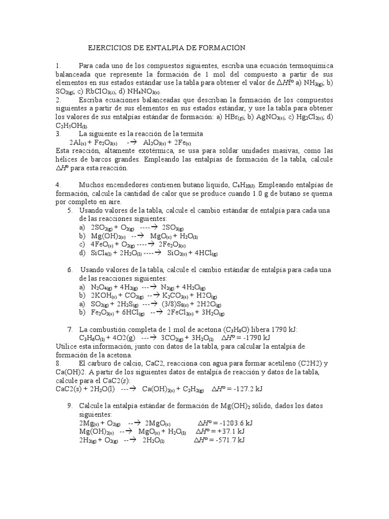 Ejercicios De Entalpia De Formación Pdf Entalpía Cantidades Fisicas