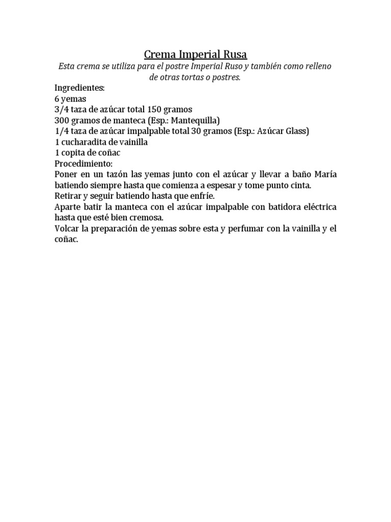 Receta de Crema Imperial Rusa | PDF