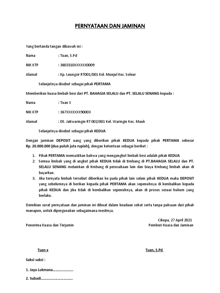 Contoh Surat Kesepakatan Dan Jaminan | PDF