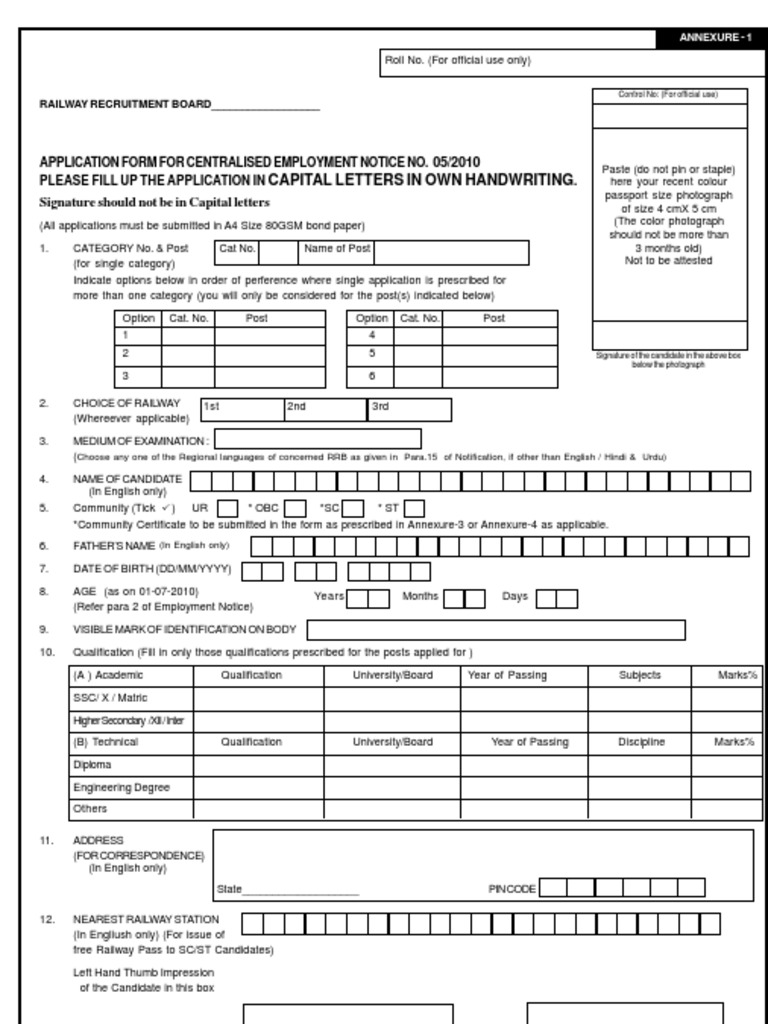 Railway Recruitment Application Form 2010 | PDF