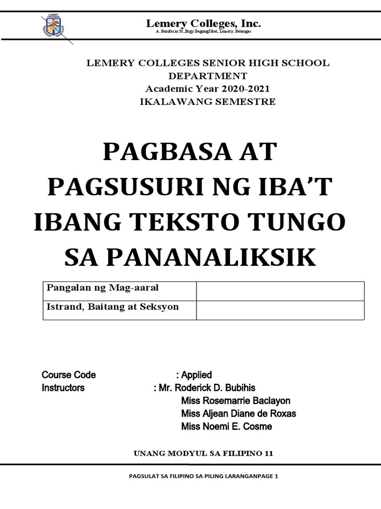 Pagbasa Module | PDF