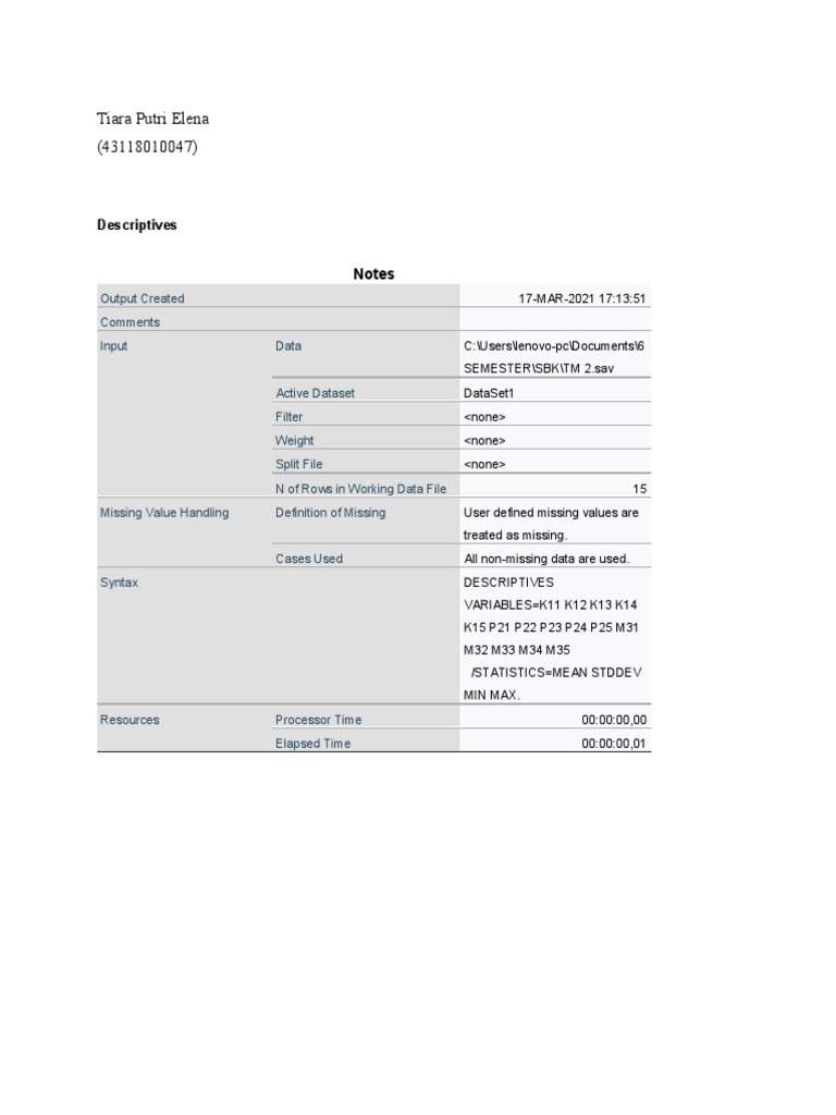 Tiara Putri Elena (43118010047) : Descriptives | PDF | Computer Science | Computing