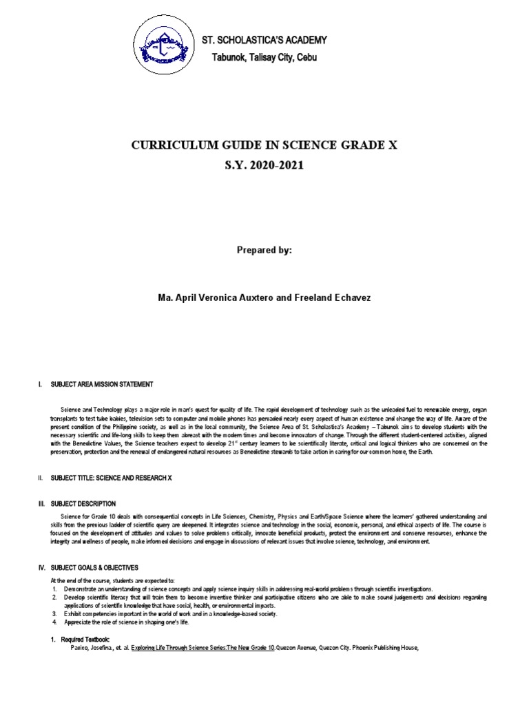 Curriculum Guide in Science Grade X S.Y. 2020-2021: St. Scholastica'S ...