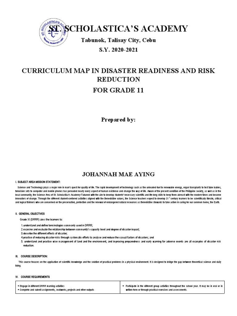 St. Scholastica'S Academy: Curriculum Map in Disaster Readiness and ...