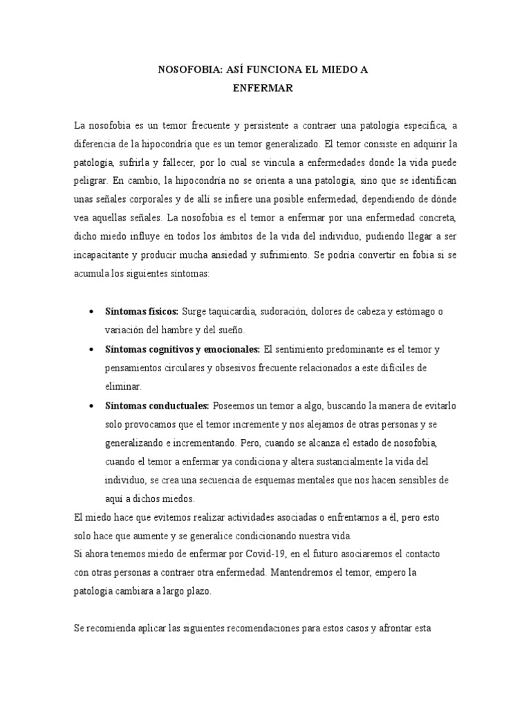 Comprendiendo la nosofobia: el miedo irracional a enfermar de una ...