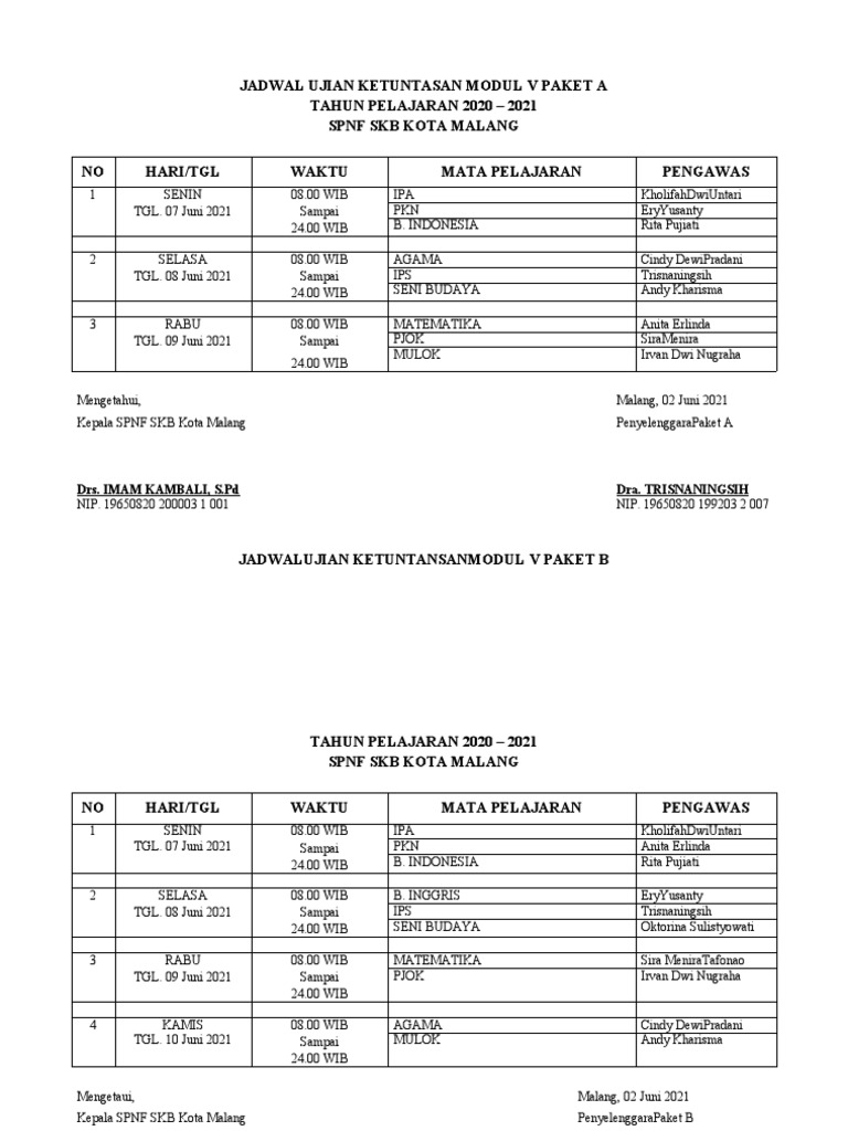 Jadwal Ketuntasan Modul V Paket A, B, C | PDF