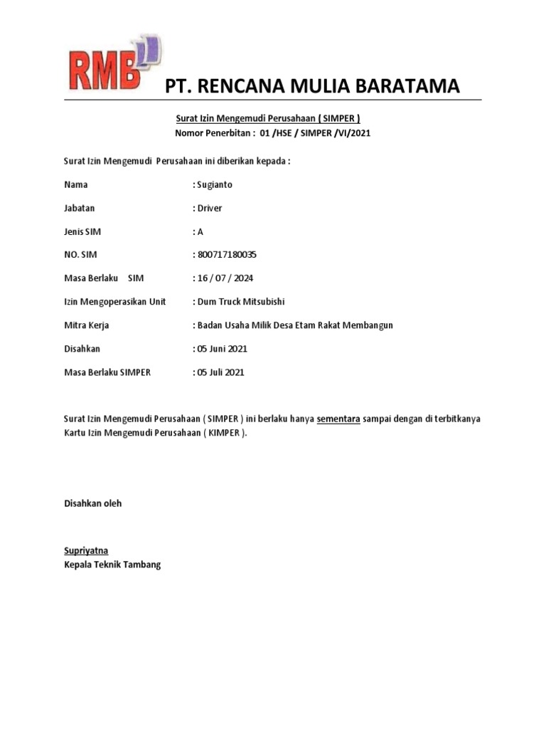 Surat Pengajuan Simper Sementara | PDF